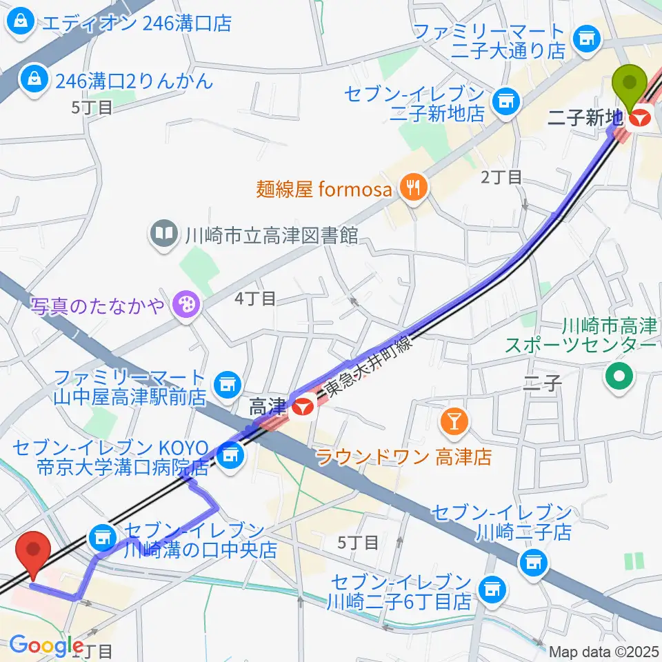二子新地駅からスタジオアズ(Studio-az)へのルートマップ - MDATA