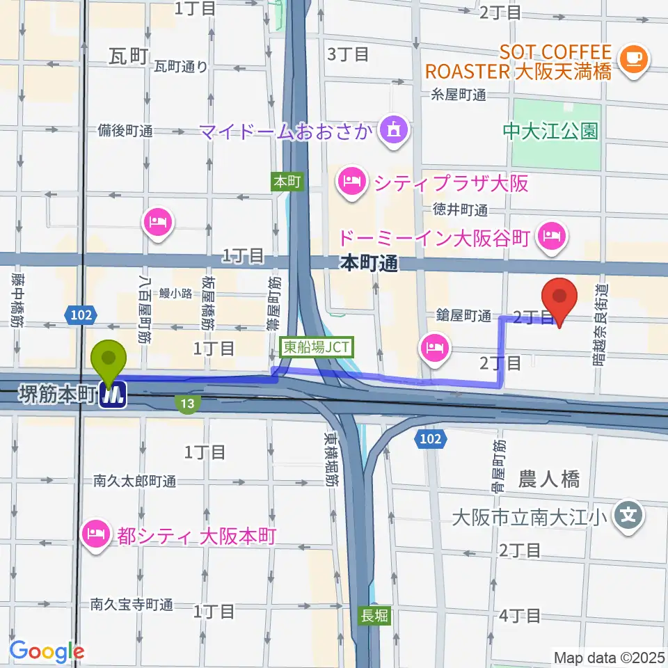 堺筋本町駅からHit Studio TANIYONへのルートマップ - MDATA