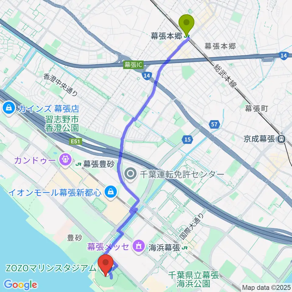 幕張本郷駅からZOZOマリンスタジアムへのルートマップ - MDATA