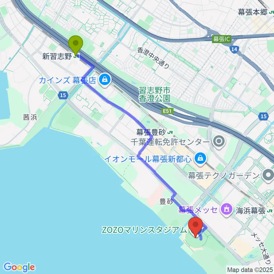 新習志野駅からZOZOマリンスタジアムへのルートマップ - MDATA